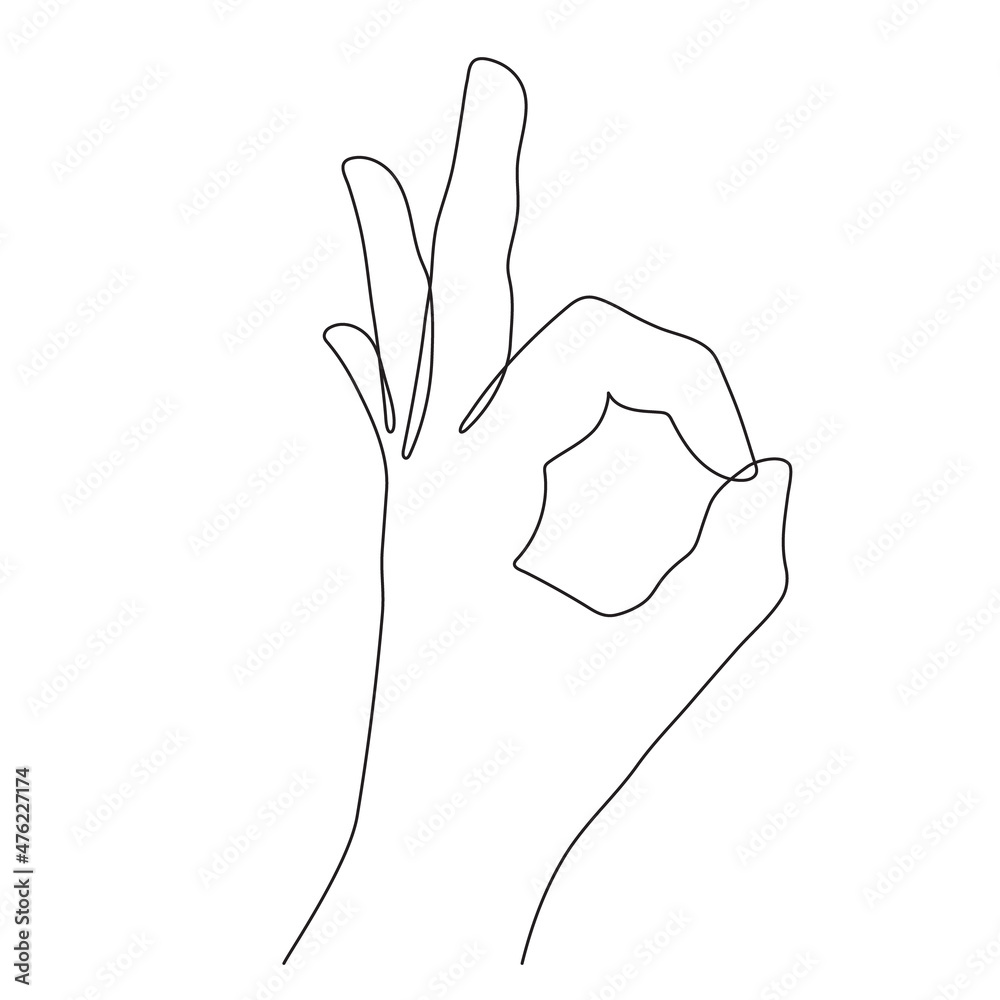Hand gesture, one line art, continuous contour drawing, hand-drawn. Ok ...
