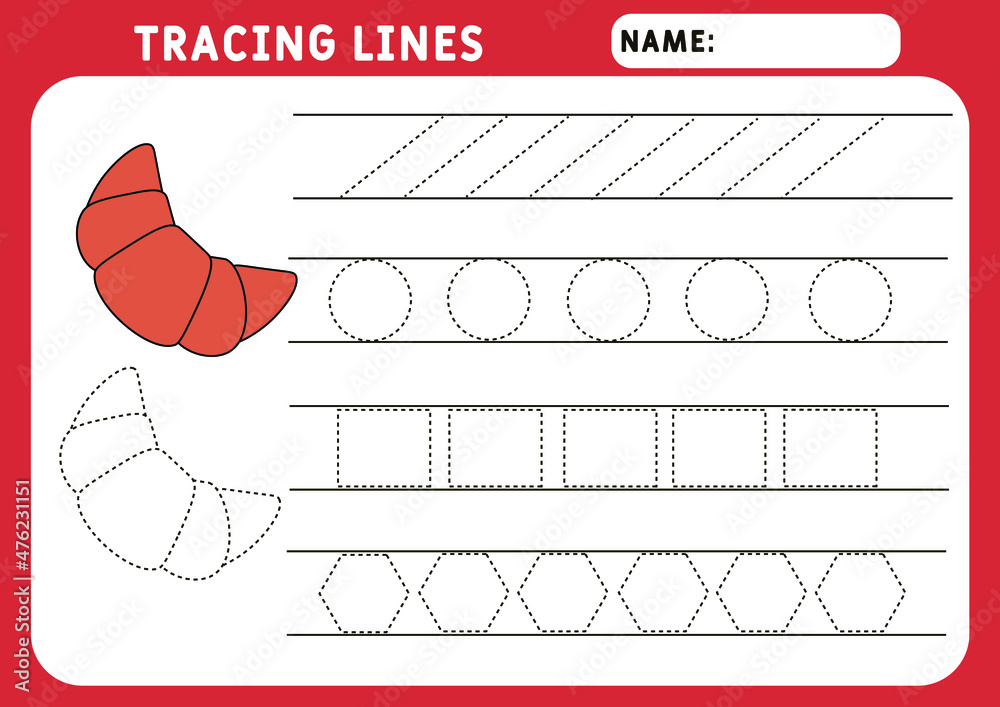 Tracing lines of Croissant. Preschool worksheet for practicing fine ...
