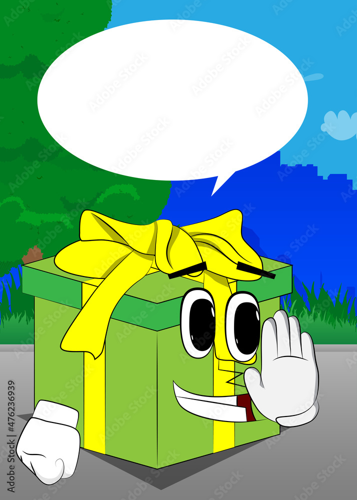 Gift Box with showing deny or refuse hand gesture as a cartoon ...