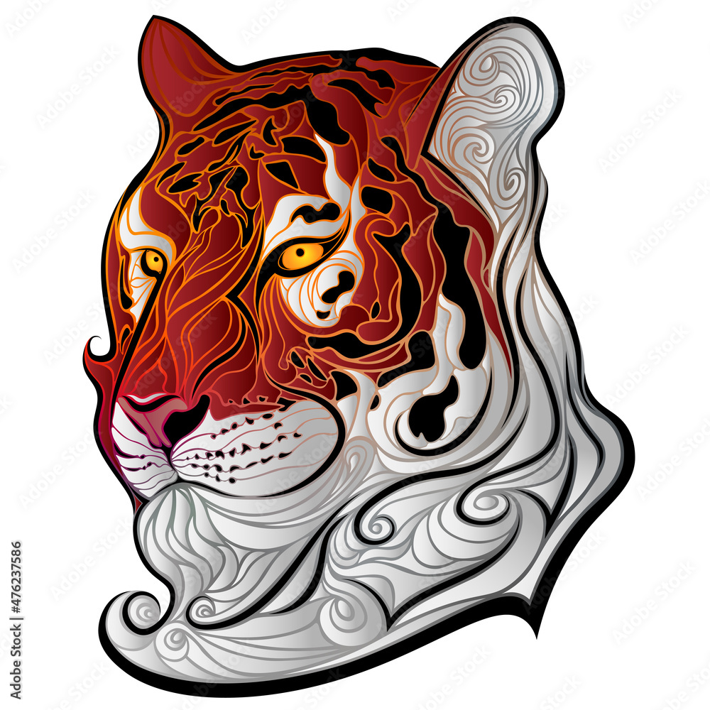 Red tiger head with wavy hair and beard. Fire tiger muzzle in tattoo ...