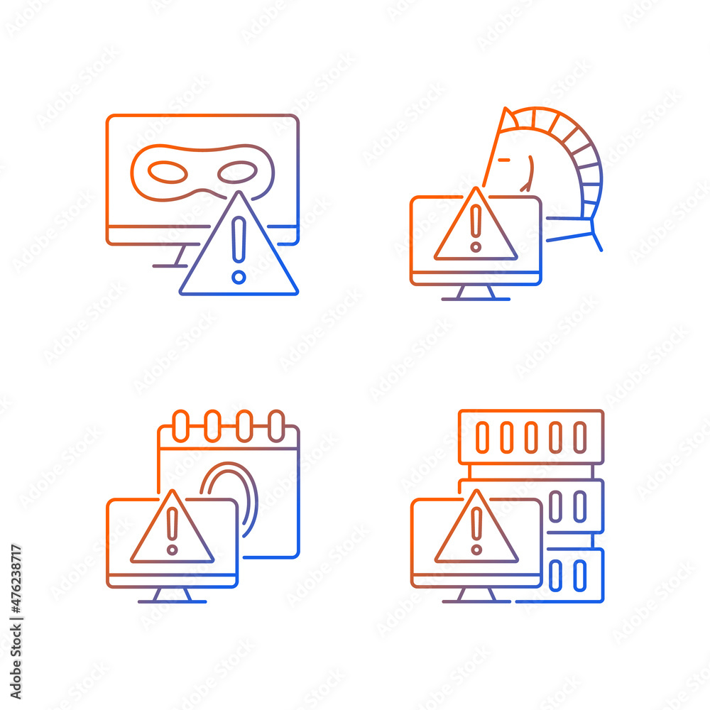 Computer system attacks gradient linear vector icons set. Trojan horse ...