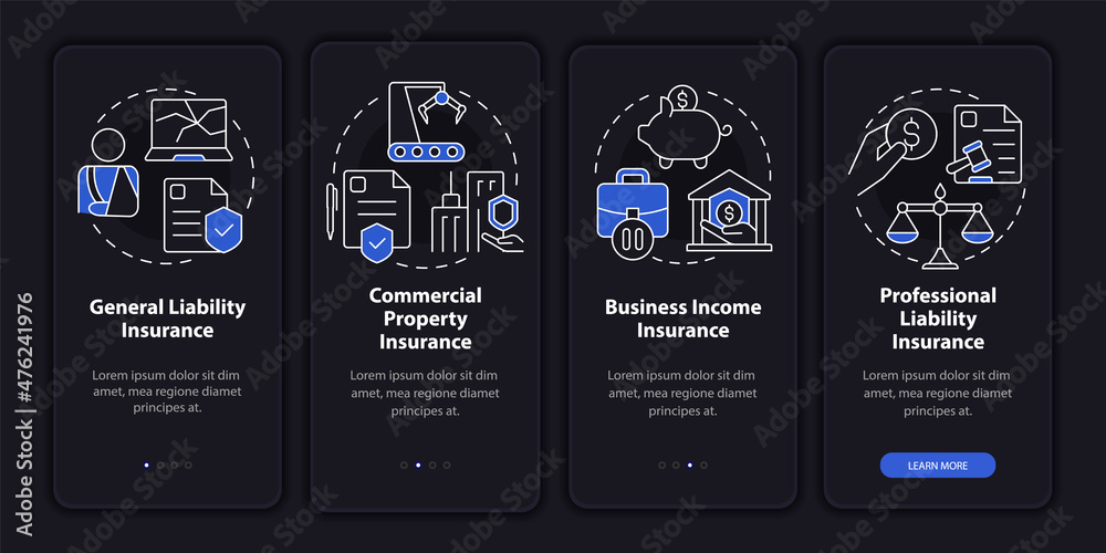 Insurance types night theme onboarding mobile app screen. Coverage ...