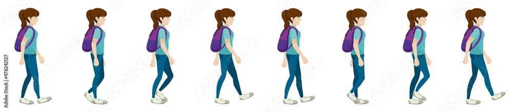 College girl walk cycle animation, 2d character animation, motion ...
