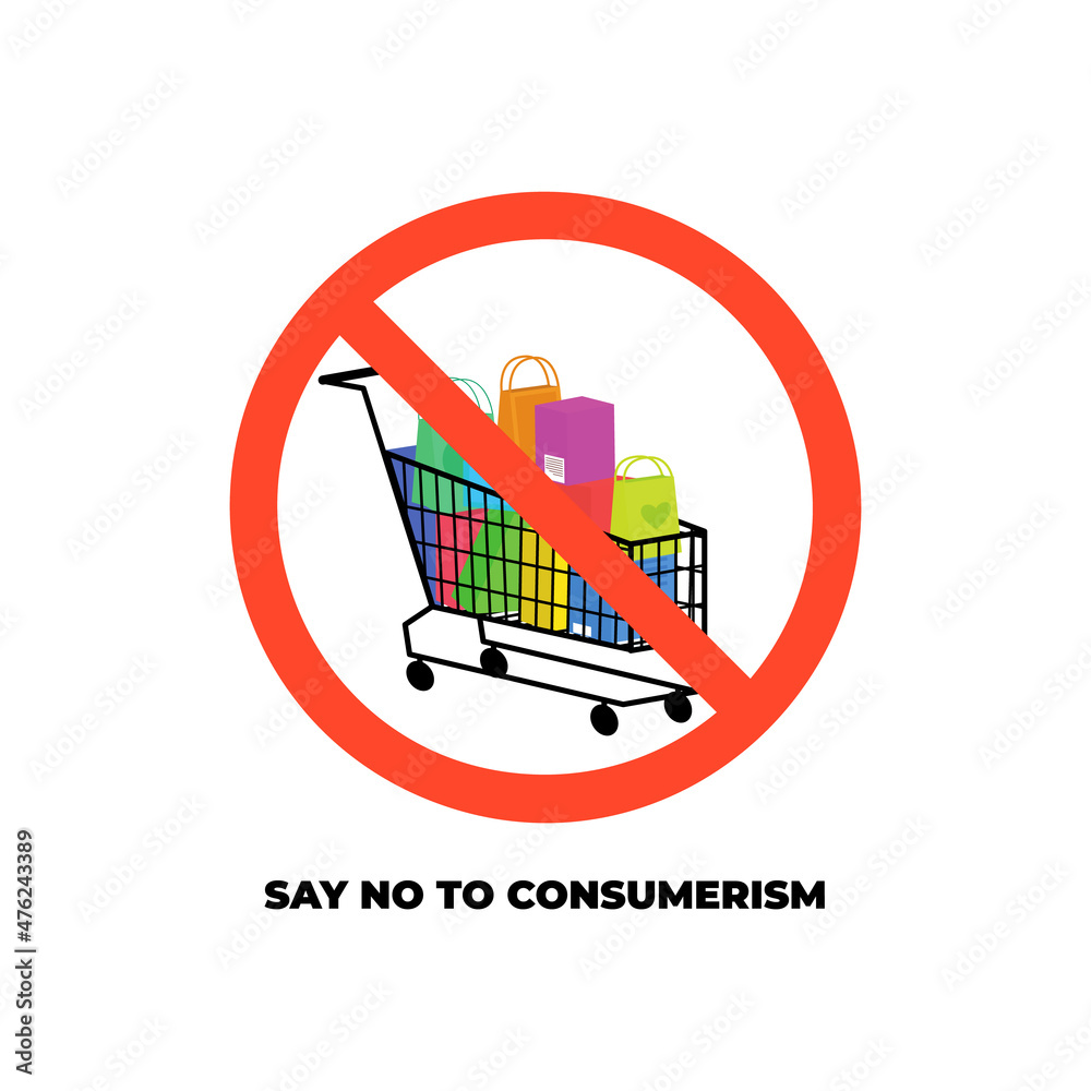 Prohibition sign with stroller and groceries illustration, text say no ...