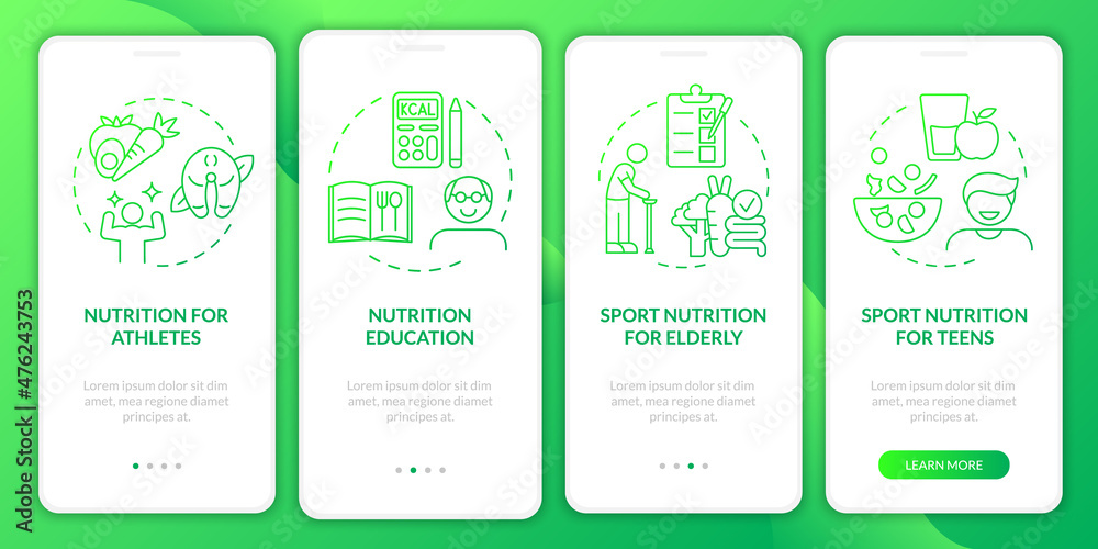 Eating for sports green gradient onboarding mobile app screen ...