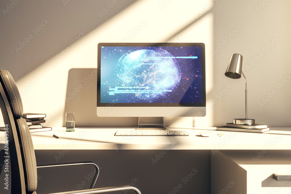 Modern computer screen with abstract creative coding sketch and world ...