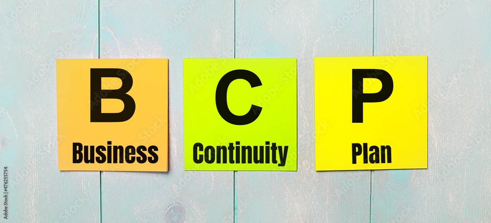 Three colored stickers with the text BCP Business Continuity Plan a ...