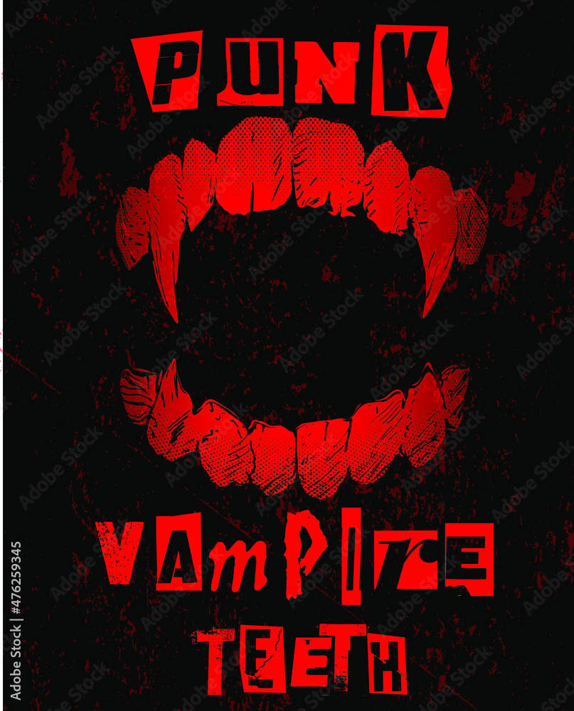 Punk Vampire Teeth. Red graphic vector illustration of angry vampire ...