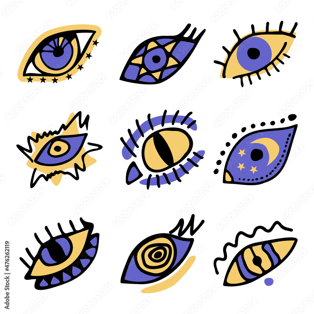 Set of color hand drawn magic evil doodle eyes. Collection of esoteric ...