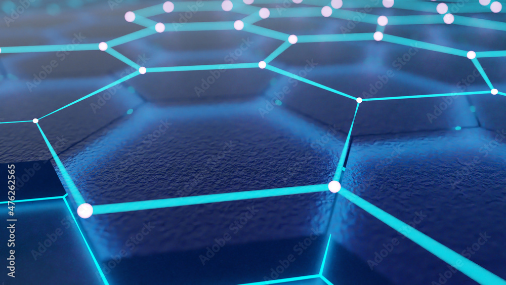 Blue Graphene forming on hexagon blue wafer grid (3D Rendering) Stock ...