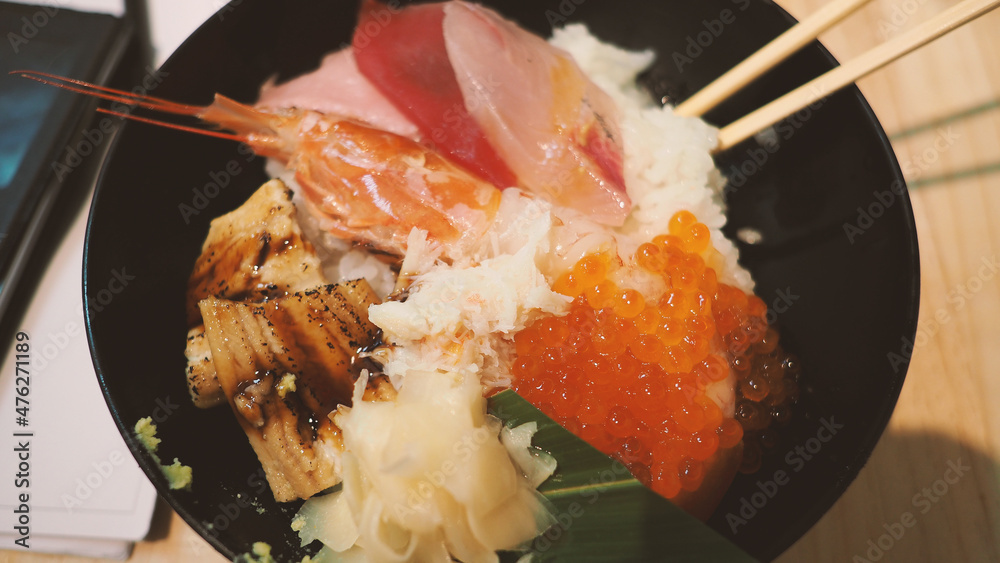 Close up images of japanese seafood rice bowl or kaisendon sashimi ...