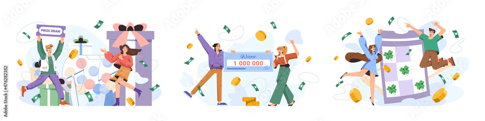 Lottery win flat vector illustration set. Lucky winners playing lotto ...