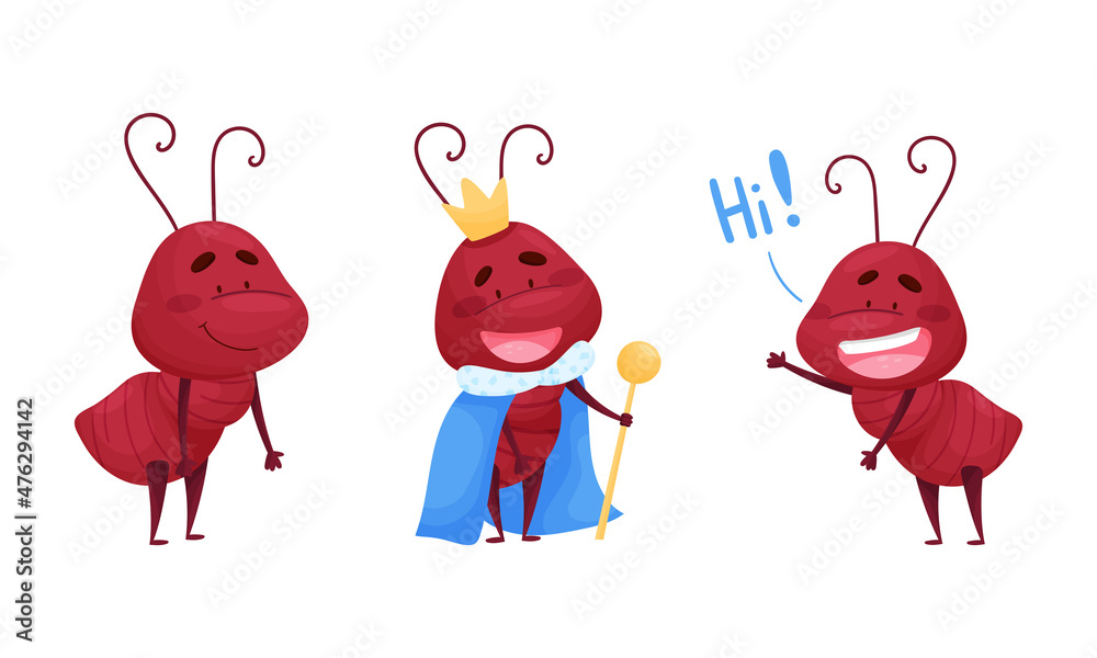 Ant doing various actions set. Happy funny smiling insects cartoon ...