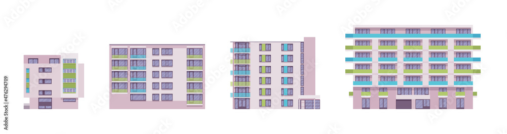 Residential detached building set, towering apartment blocks facade ...