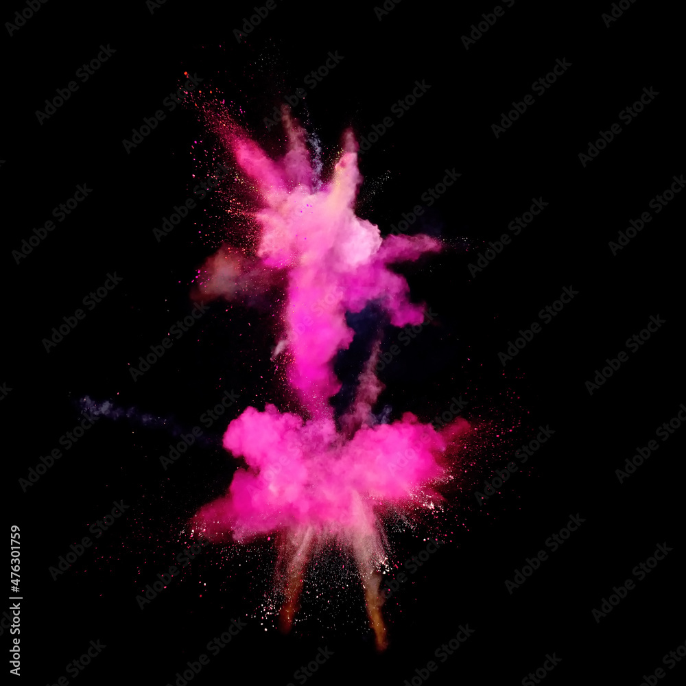 Bizarre forms of pink and magenta powder paint explode in front of a ...