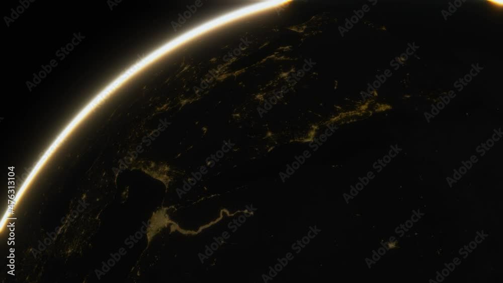 Spaceship flies over the planet Earth on night. Cinematic shot of night ...