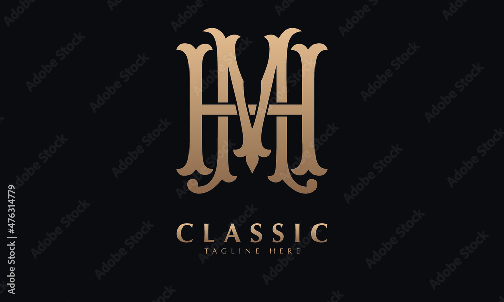 Alphabet MH or HM illustration monogram vector logo template in silver ...