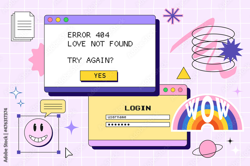 Retro browser computer window in 90s vaporwave style with smile face hipster stickers. Retrowave ...