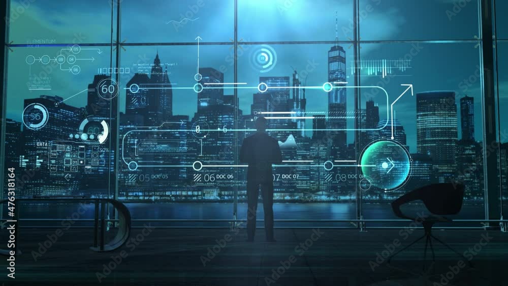 Businessman and infographics on the background of skyscrapers, 3D ...