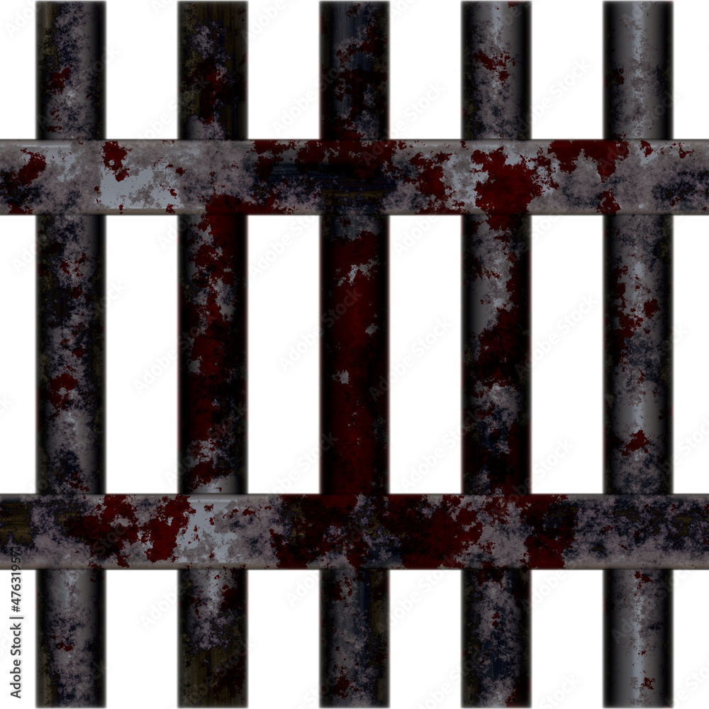 Metal roasted prison wide jail bars. With rust and blood splatters ...