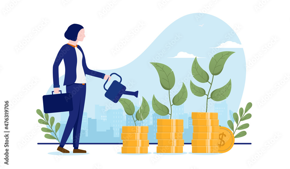 Woman growing money - Female person watering money tree. Economic ...