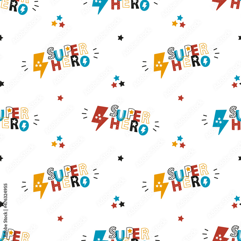 Doodle Superhero Word, Lightning Signs, Stars Seamless Pattern. Cute ...