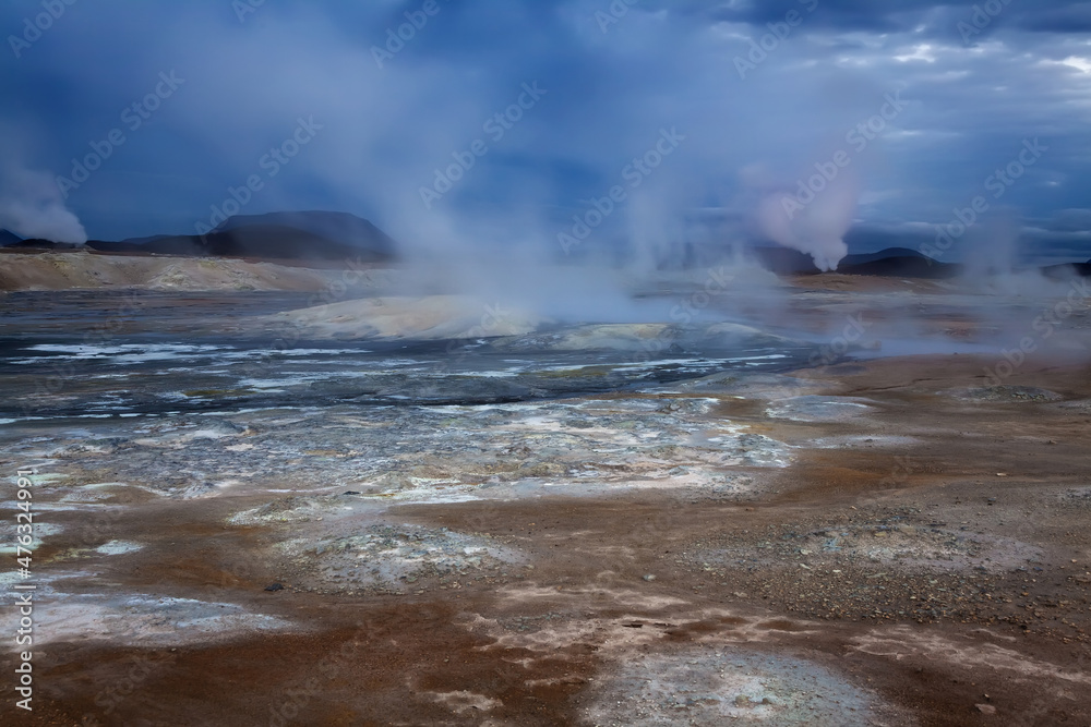 Fumaroles in Namafjall geothermal area (Iceland). After sunset. Stock ...