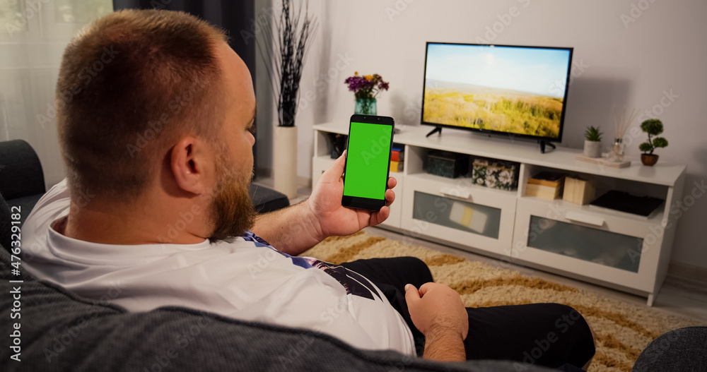 Man Using Smartphone with Green Screen for Copy Space Chroma Key Mockup ...