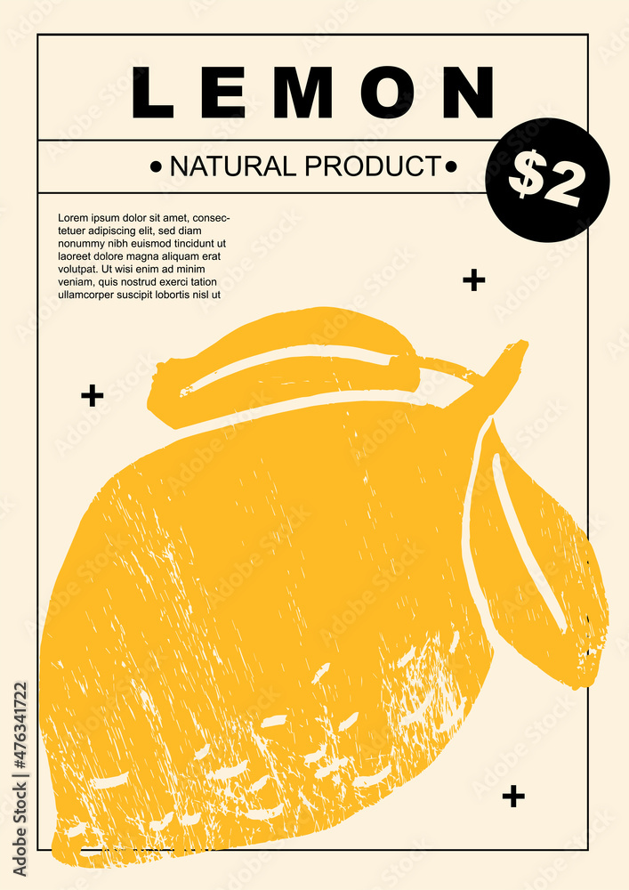 Lemon. Set of posters of fruits and citrus in a abstract draw design ...