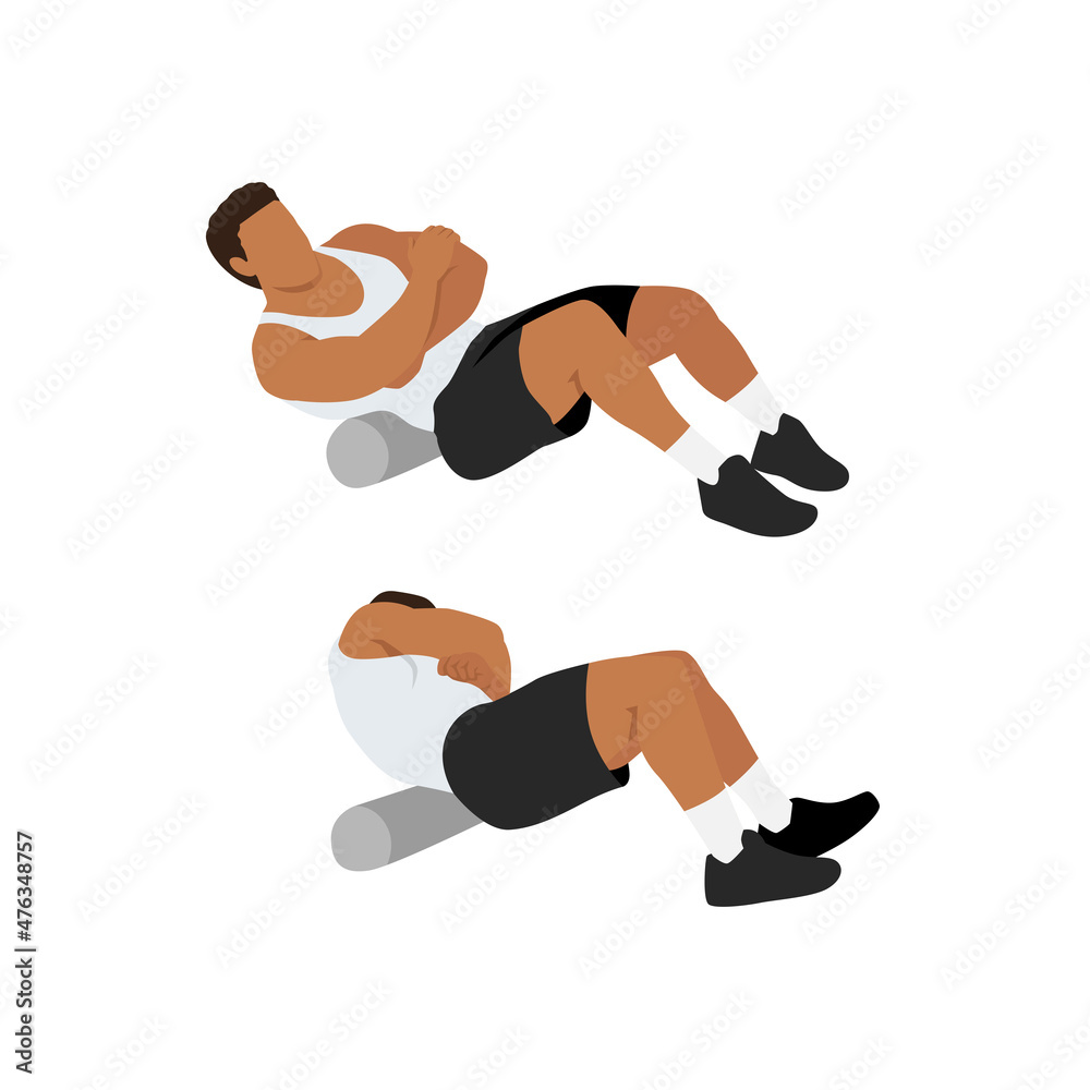 Man doing Foam roller lower back stretch exercise. Flat vector ...