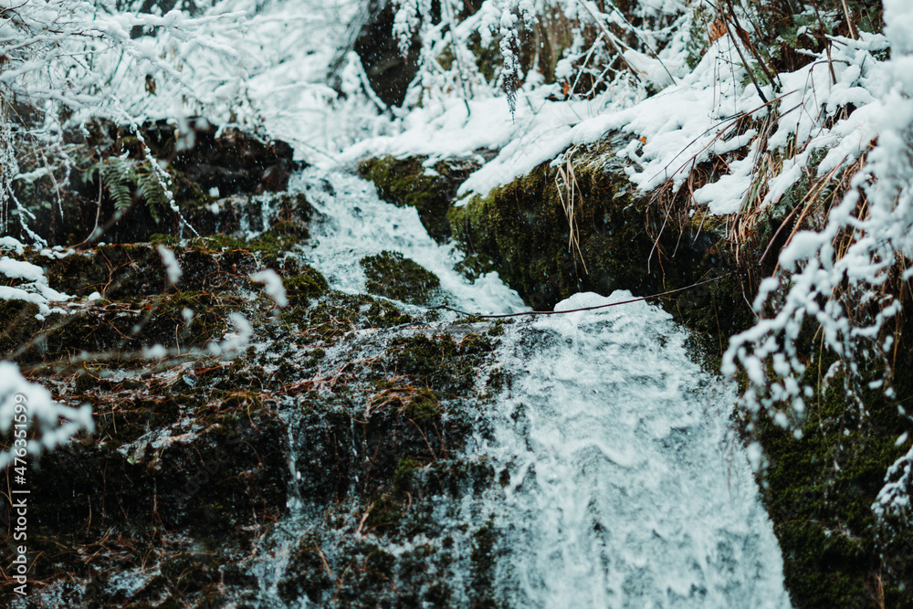 View of the Jana Waterfall during the snowfall at Manali, Himachal ...