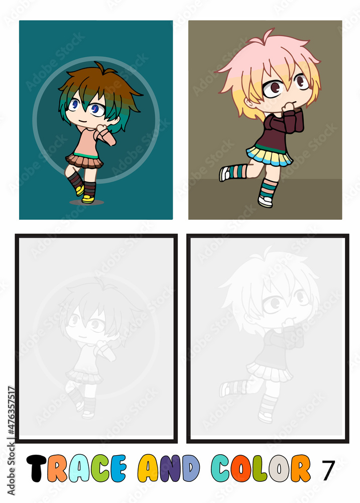 set of cartoon character coloring pages ,Trace and color, chibi, kids ...