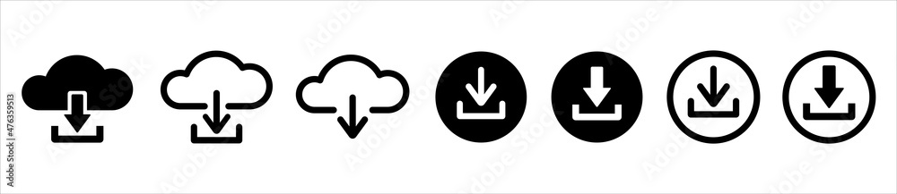 Download icon set. Cloud and circle shaped download buttons vector ...