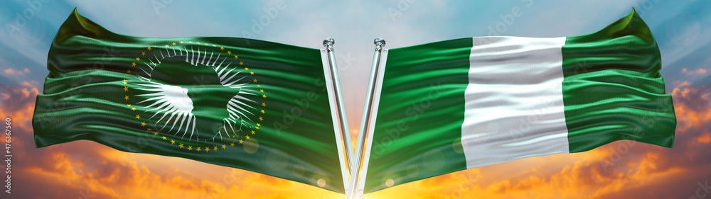 African Union flag and Nigeria Flag waving with texture sky Cloud and ...