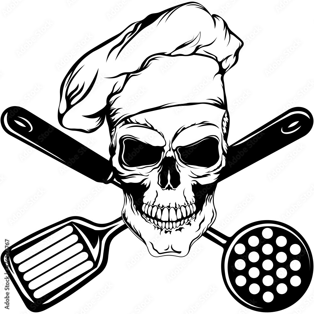 Chef logo SVG design with a skull in a chef hat and crossed kitchen ...