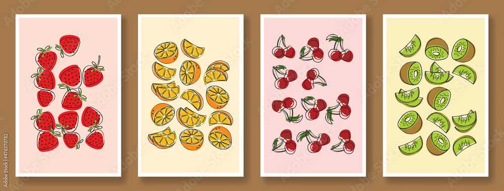 Minimalist fruit posters. Fruit and berry elements for postcards ...