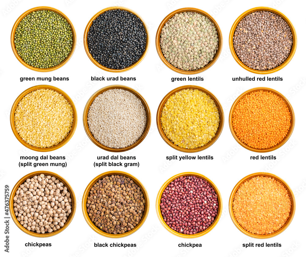 set of various lentils in bowls with names cutout Stock Photo | Adobe Stock