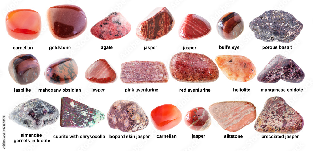 set of various polished red stones with names Stock Photo | Adobe Stock