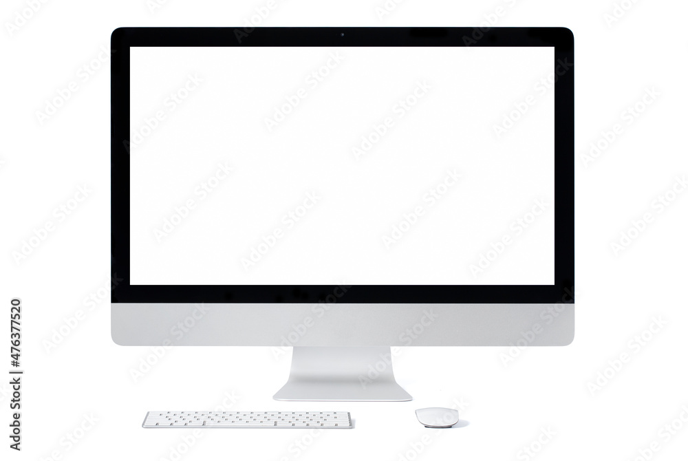 Computer with blank screen and keypad , mouse, isolated with clipping ...