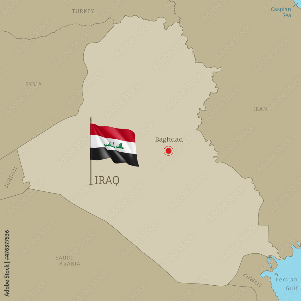 Highly detailed Iraq map with flag and labelings. Editable gray map of ...