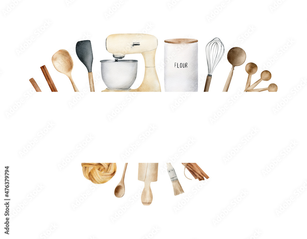 Watercolor frame with baking tools, kitchen utensils, mixer, whisk ...