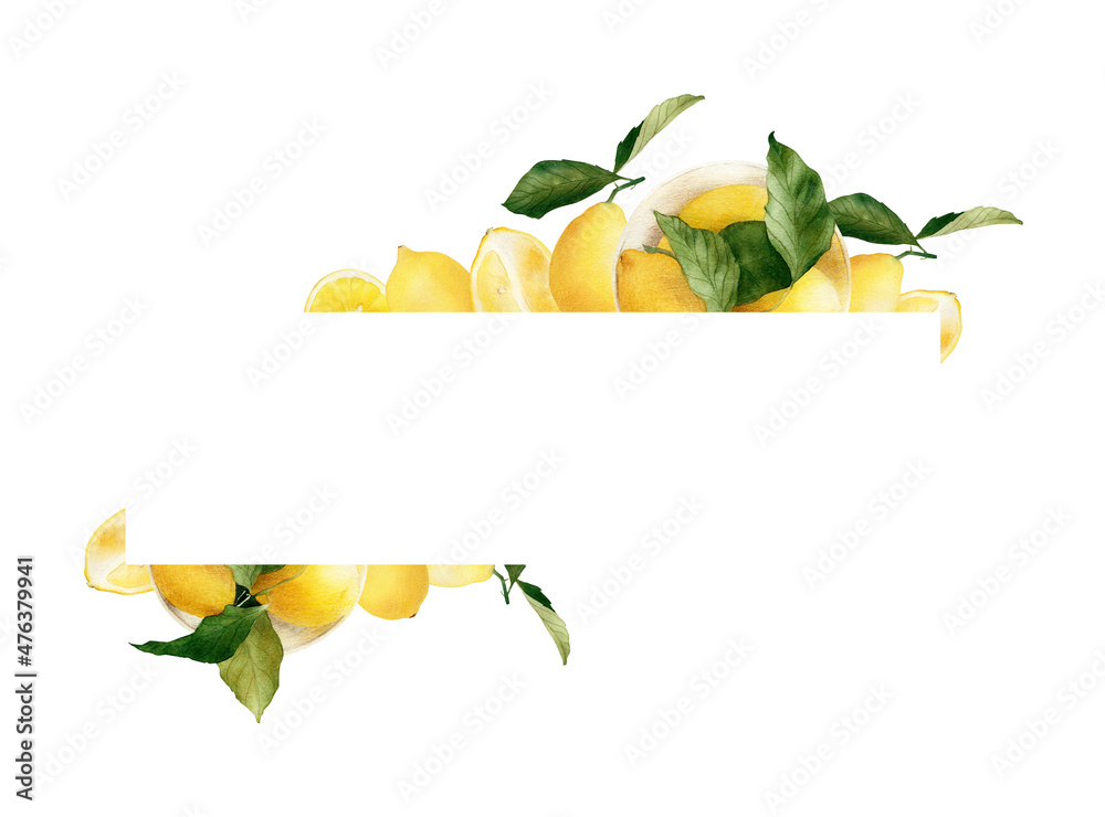 Watercolor lemon frame. Hand-drawn bright yellow citrus fruit border ...