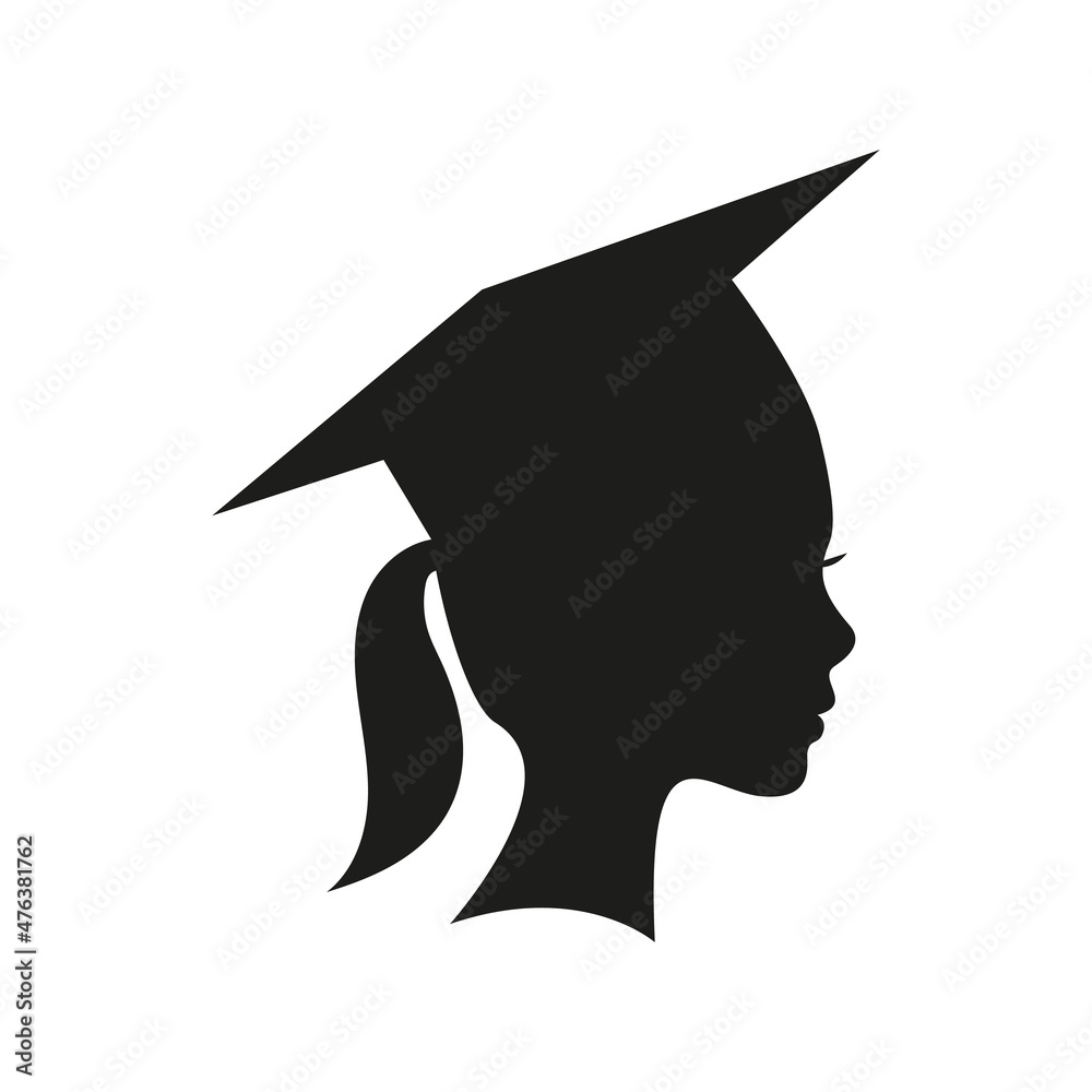 Graduation cap. Female graduate in graduation hat in a profile. Woman ...