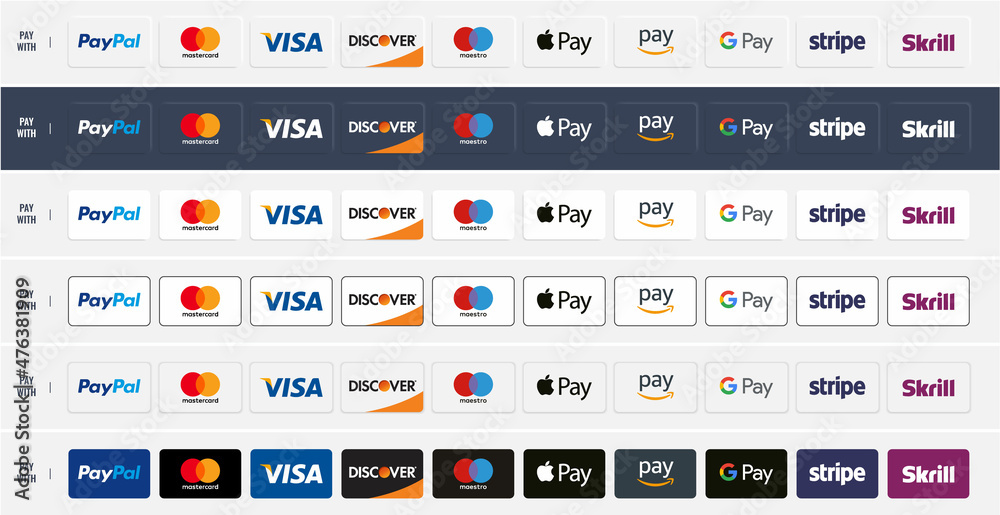 Online Payment Methods Icons Set : Paypal, Mastercard, Visa, Maestro, Apple Pay, Amazon Pay ...