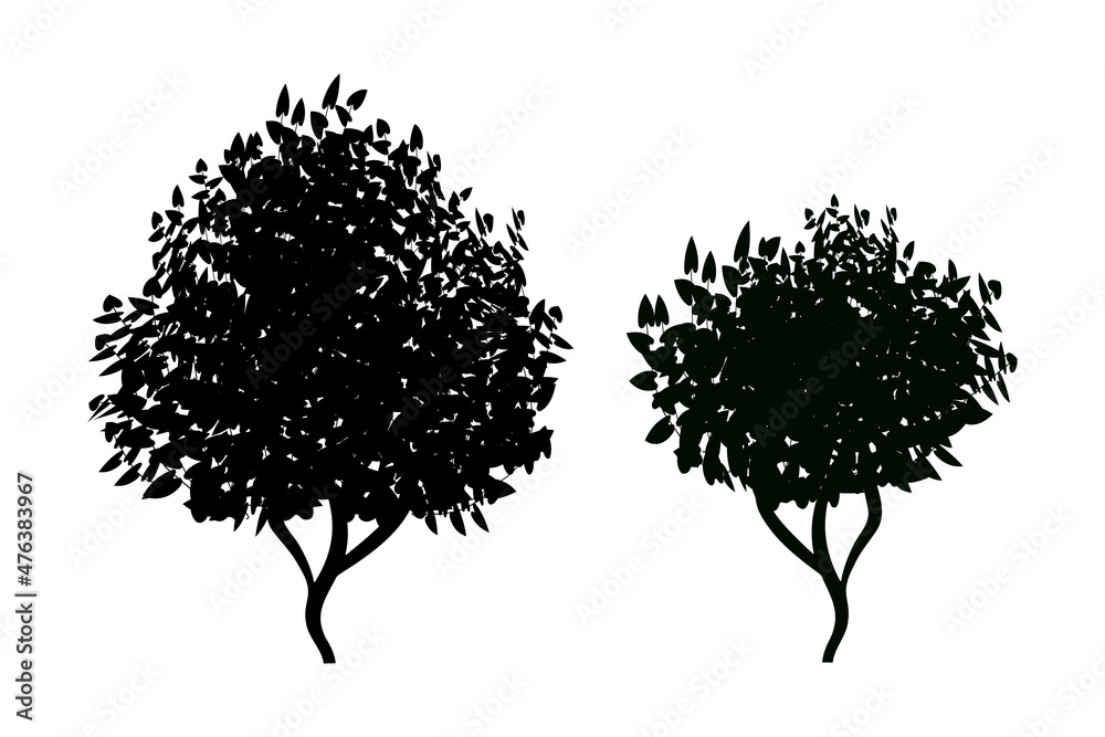 Set of monochrome silhouette of shrubs and trees. Decorative design ...