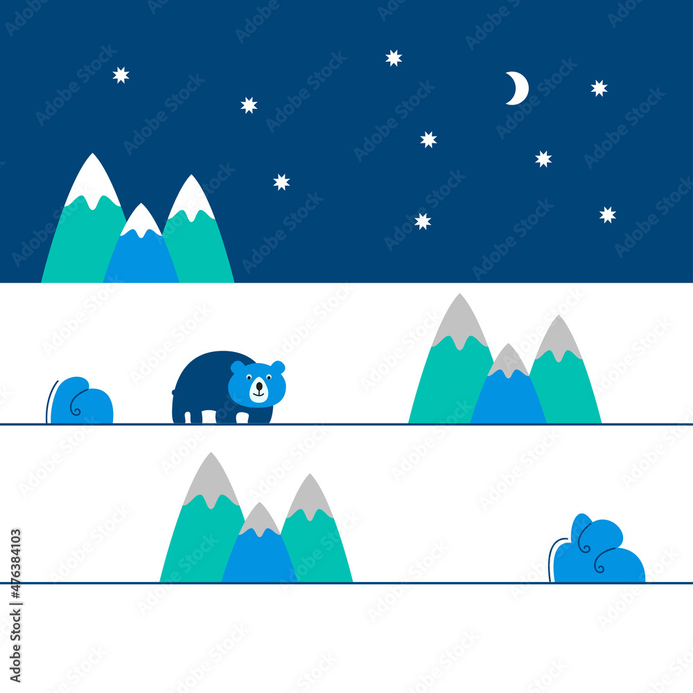 Winter snow northern landscape with night starry sky. Mountains or ...