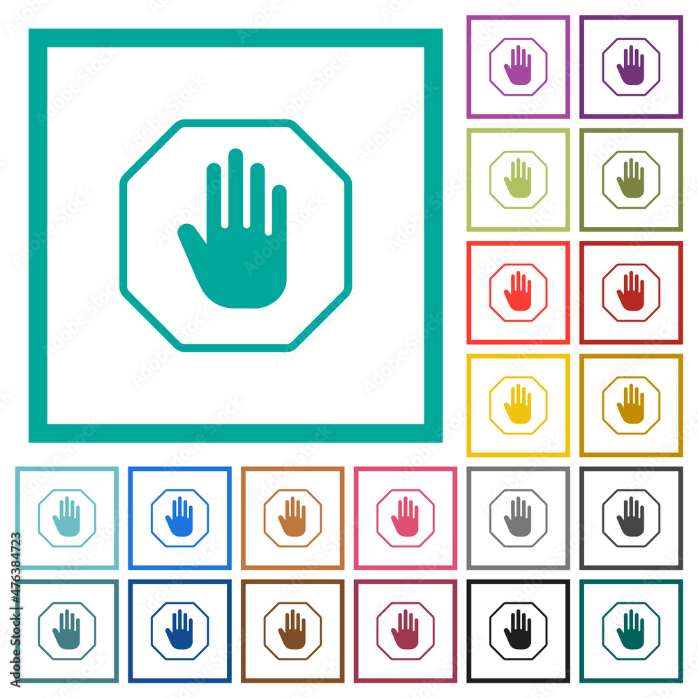 Octagon shaped stop sign outline flat color icons with quadrant frames ...
