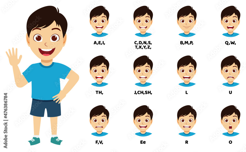 Cute cartoon kid boy character talking mouth and lips expressions ...
