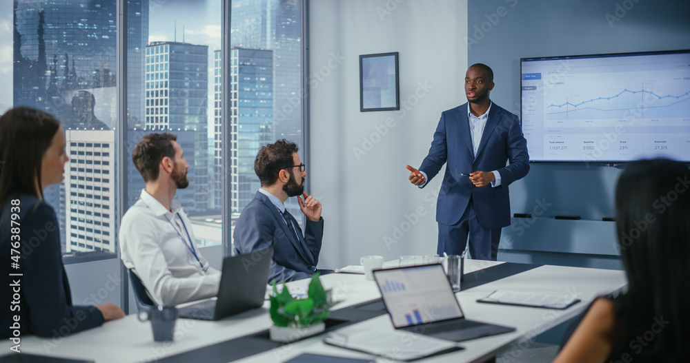 Diverse Office Conference Room Meeting: Charismatic Black Digital ...