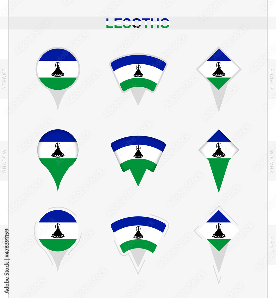 Lesotho flag, set of location pin icons of Lesotho flag. Stock Vector ...